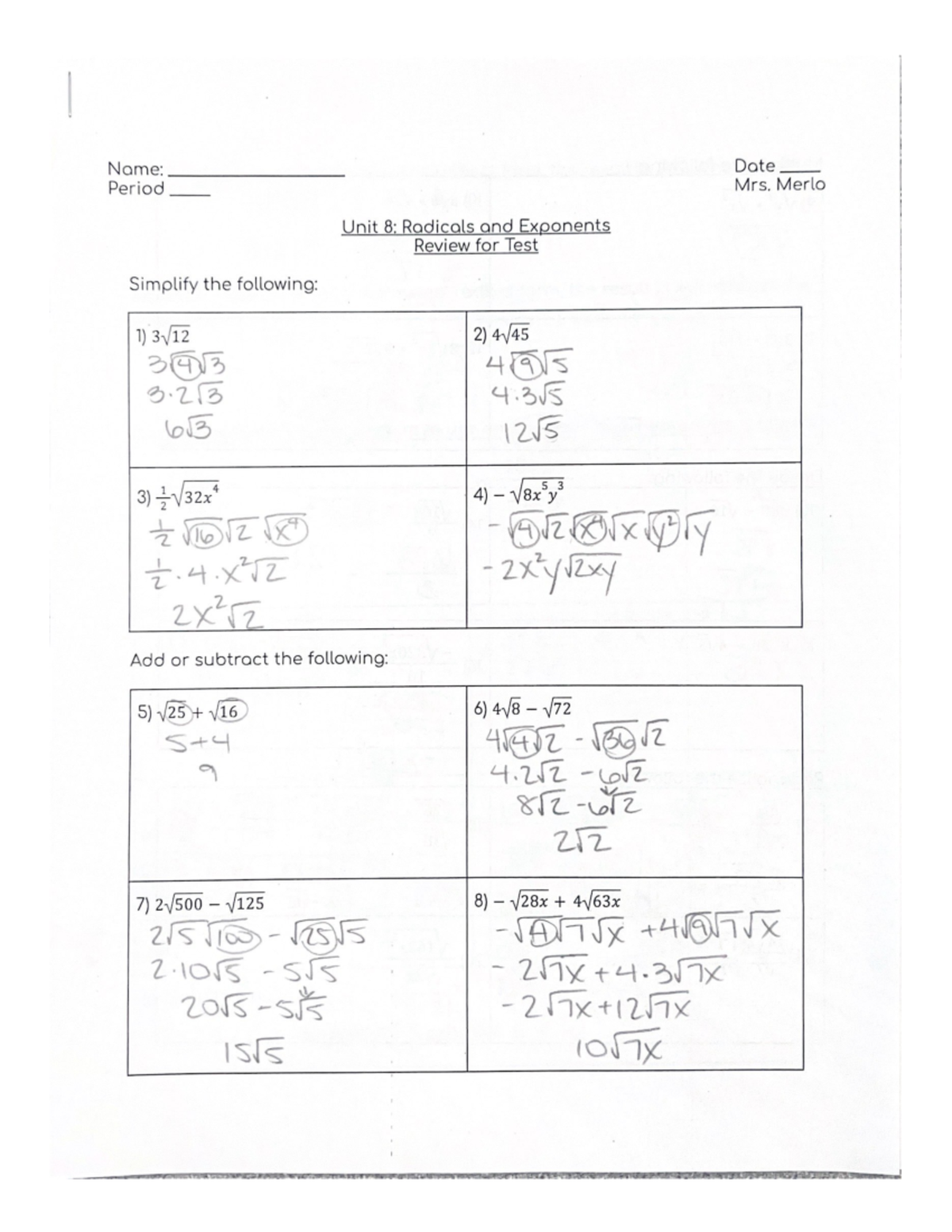 Review For Test Merlo Answer Key - Name: Date Period Mrs. Merlo Unit 8 ...