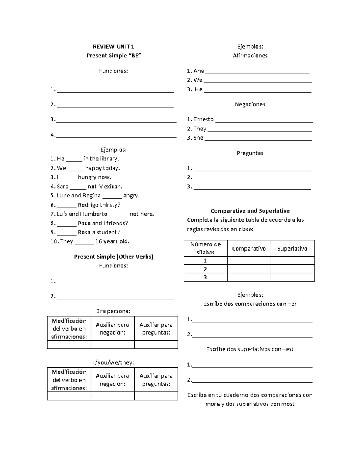 3. Review UNIT 1 - ejercicios con el presente simple verbo to be, presente simple con otros ...