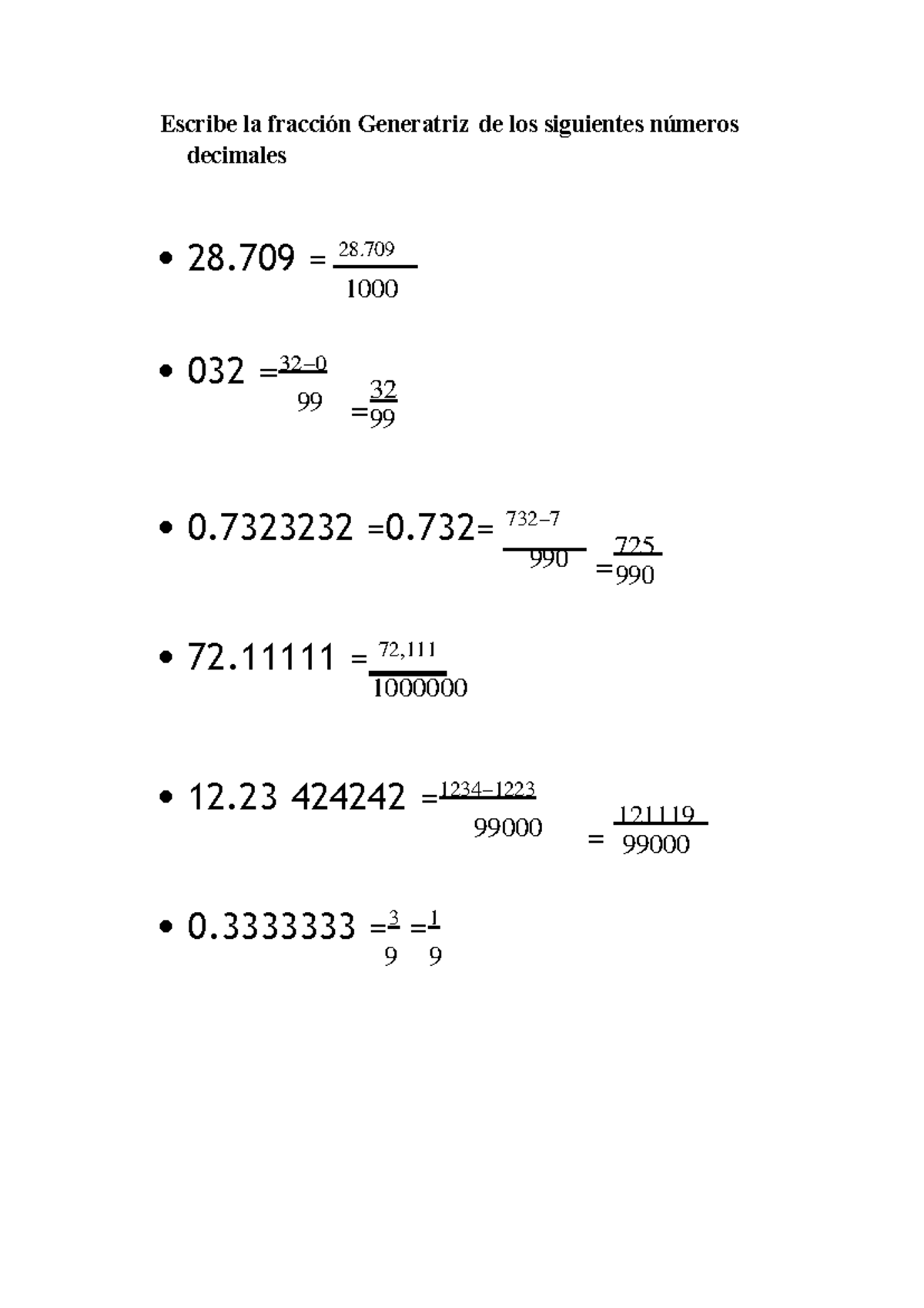 Fracción Generatriz word - Matemática básica - I - Escribe la fracción ...
