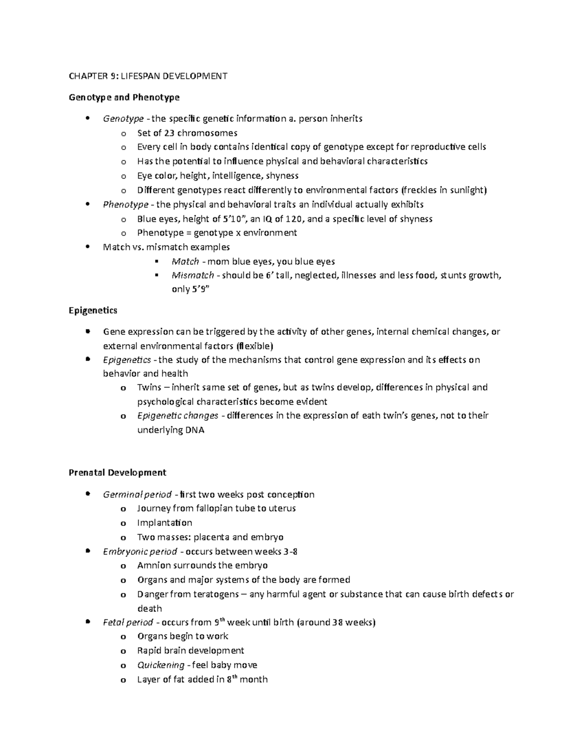 Psychology Module 5 Notes - CHAPTER 9: LIFESPAN DEVELOPMENT Genotype ...