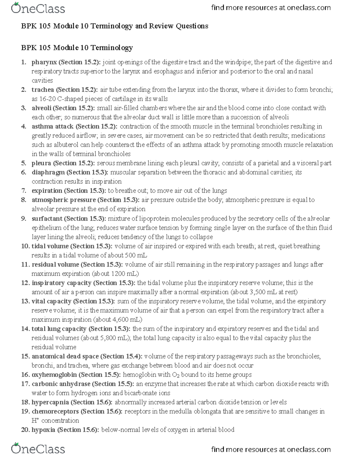 Module 10 Respiration - REVIEW NOTES - BPK 105 Module 10 Terminology ...