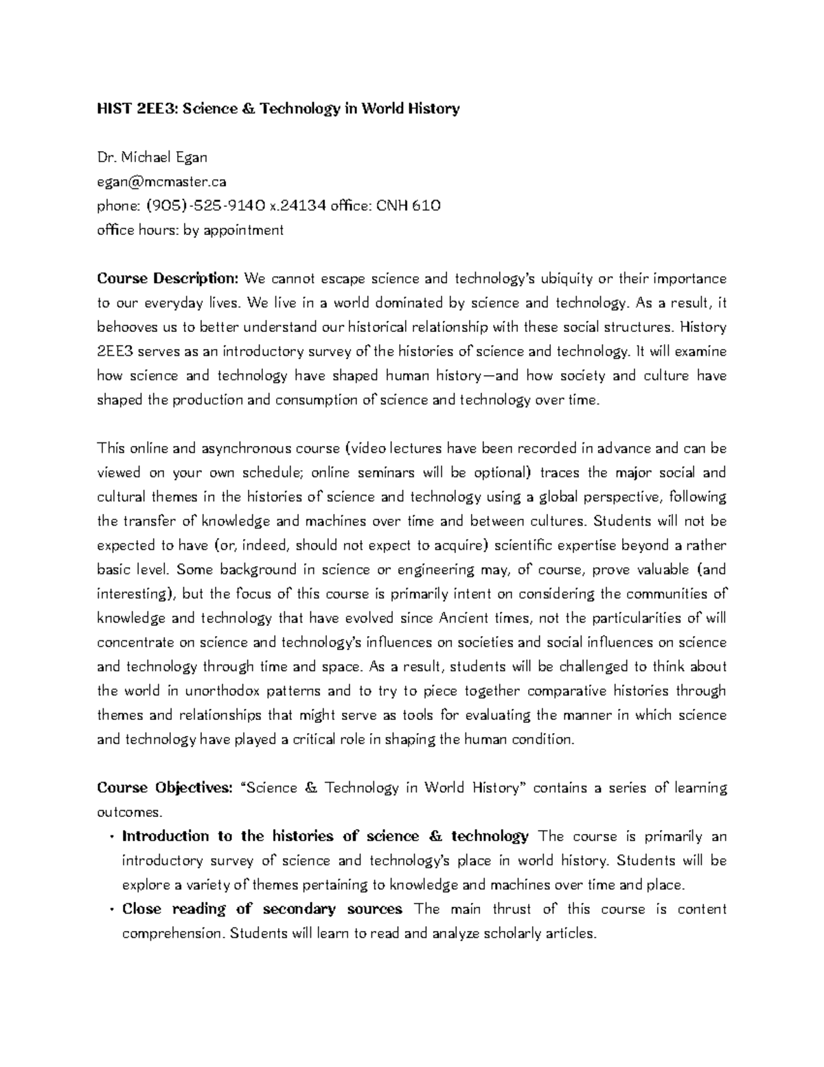 2EE3 Syllabus 2020 - HIST 2EE3: Science & Technology in World History ...