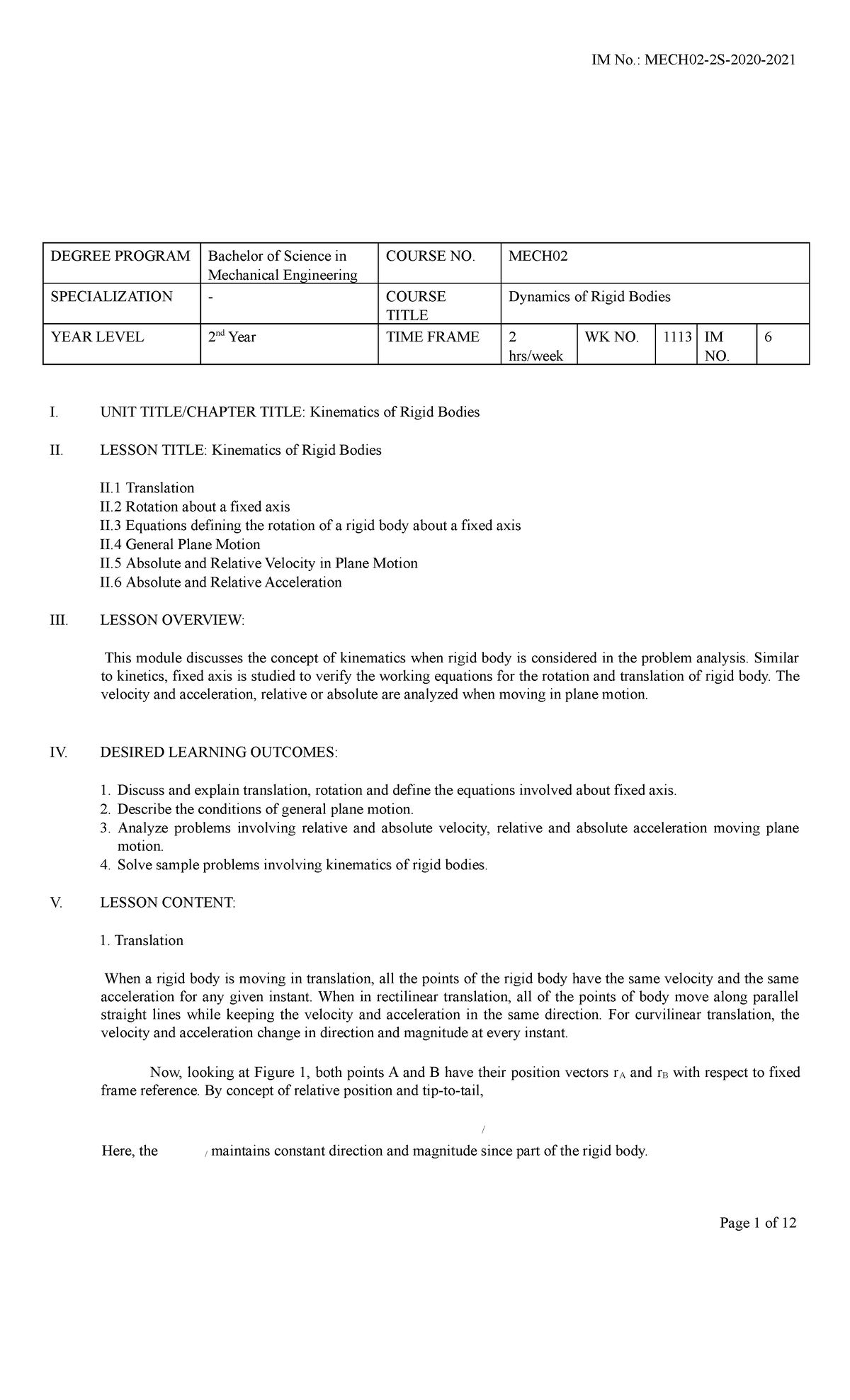 Dynamicsof Rigid Bodies-Module 6-Week11-13 With Evaluation - DEGREE PROGRAM Bachelor of Science ...
