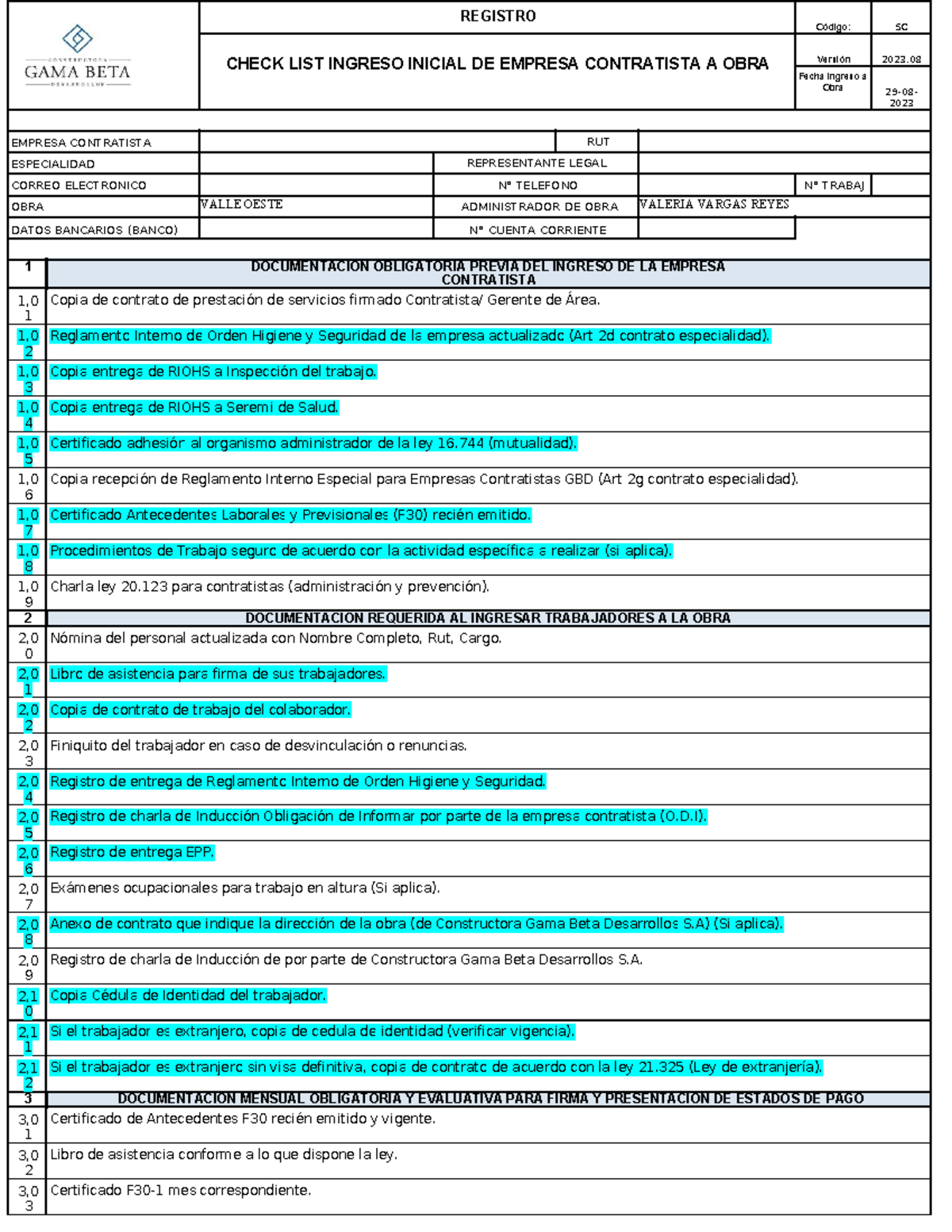 Check LIST 1RA REU - REGISTRO Código: SC CHECK LIST INGRESO INICIAL DE ...