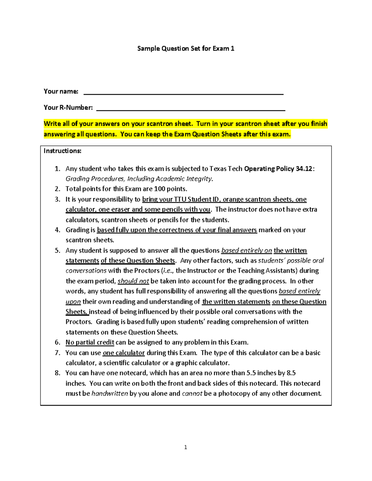 PHYS 1408 TTU Exam 1 example - Sample Question Set for Exam 1 Your name ...