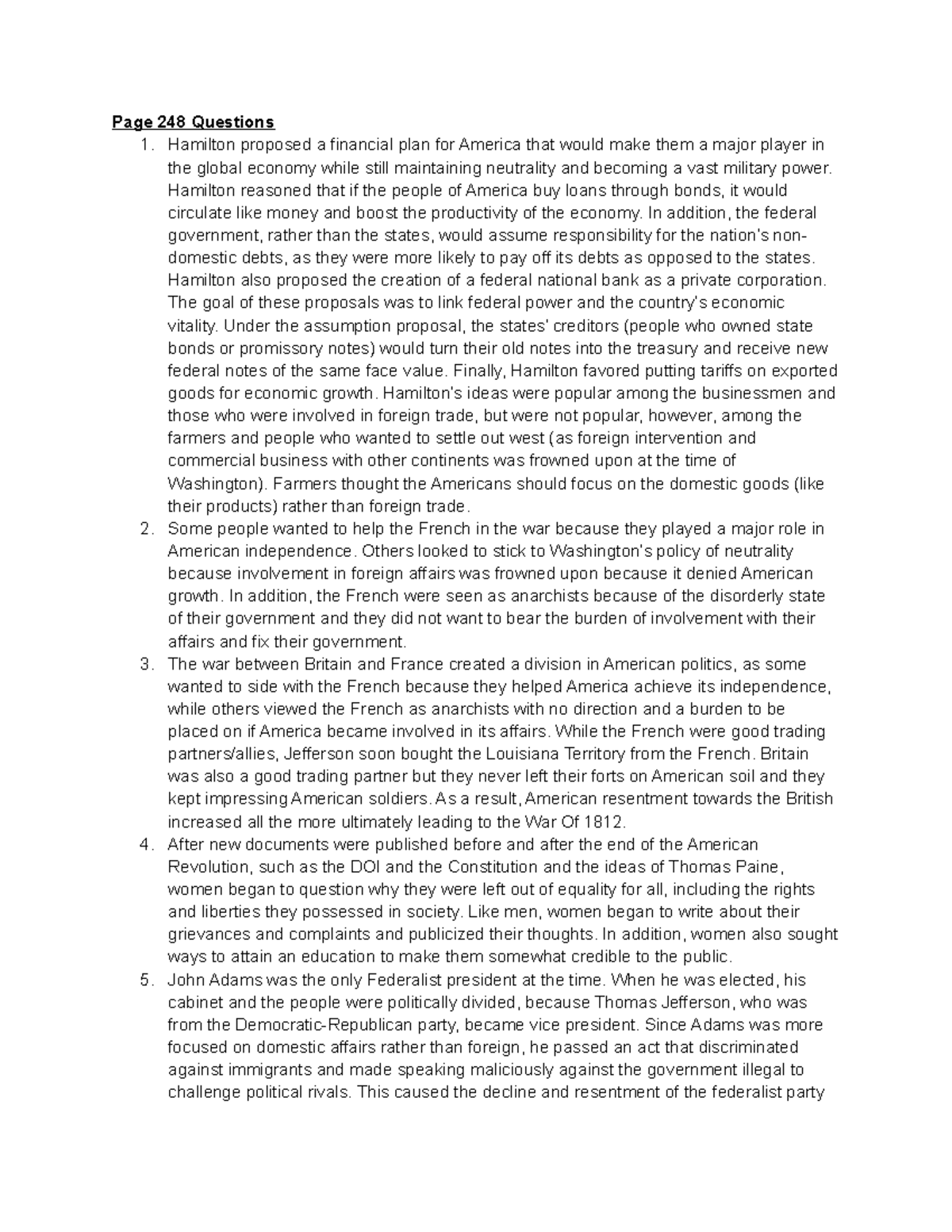 HW # 8 - APUSH NOTES - Page 248 Questions 1. Hamilton proposed a ...