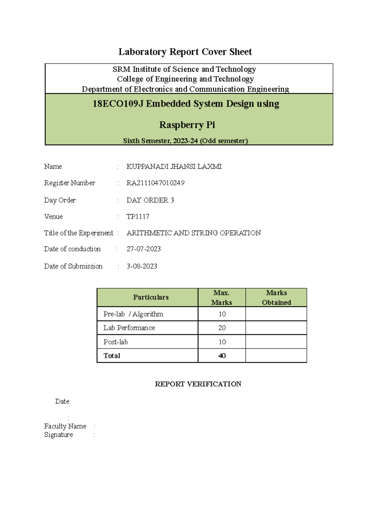 Raspberry lab 1 - Laboratory Report Cover Sheet SRM Institute of Science and Technology College ...