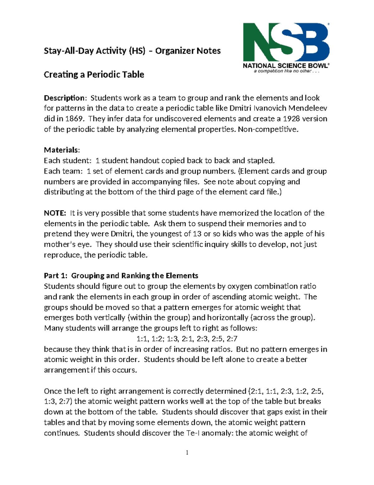 Creating a Periodic Table HS chem - Stay-All-Day Activity (HS ...