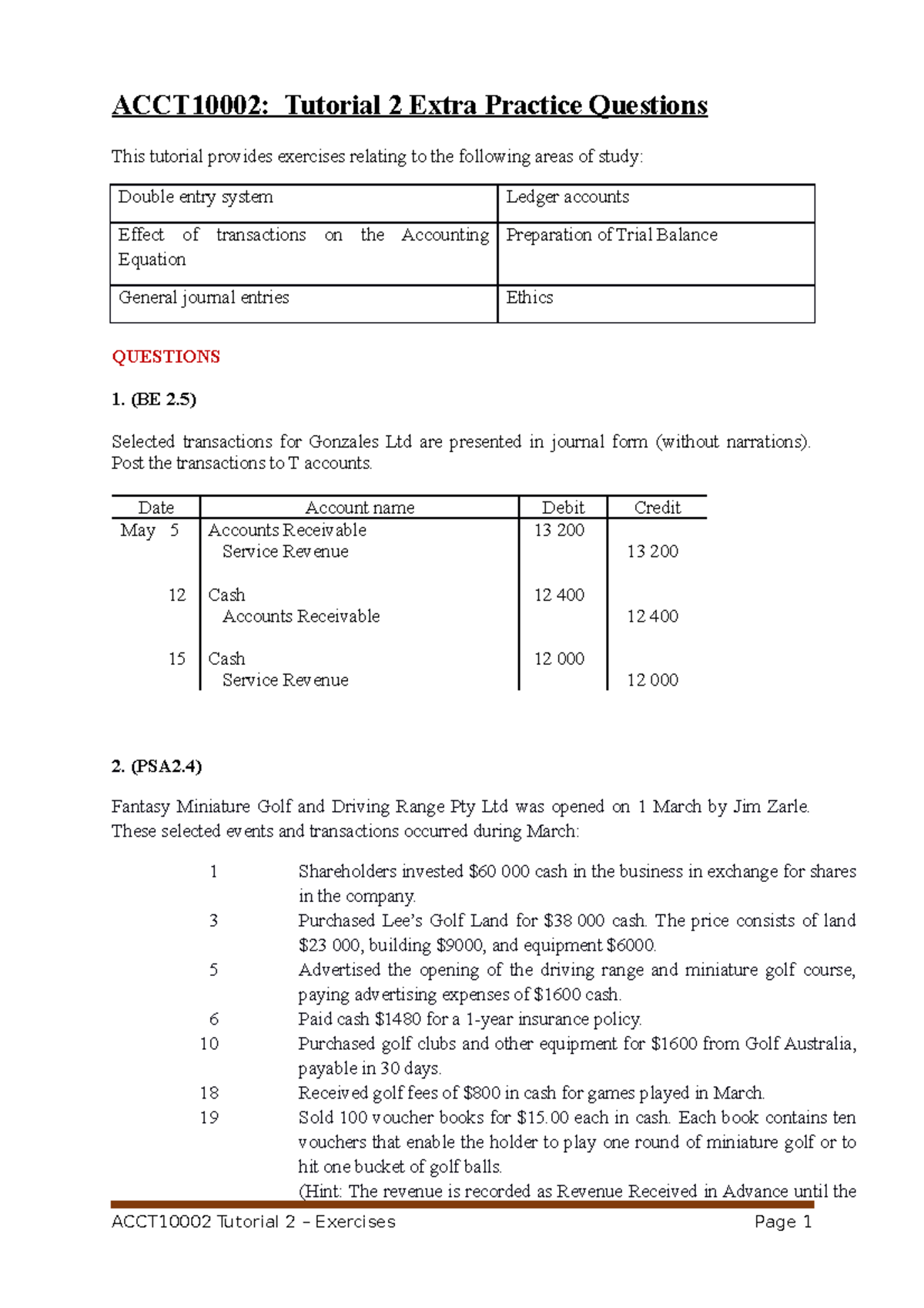 ACCT10002 Tutorial 2 Extra Practice Questions and Solutions - ACCT10002 ...