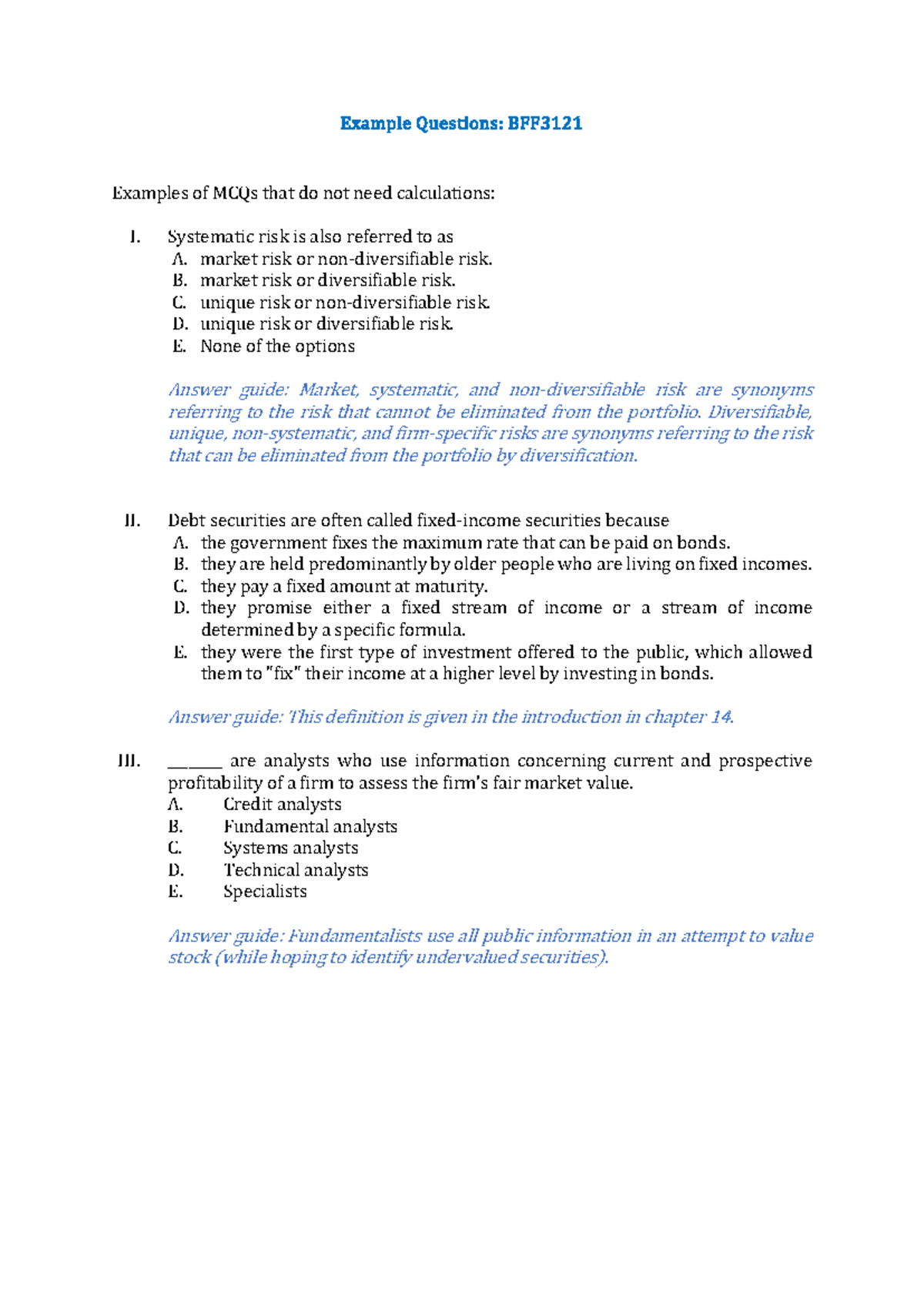 BFB-BFF3121 Practice Questions - Example Questions: BFF 3121 Examples ...