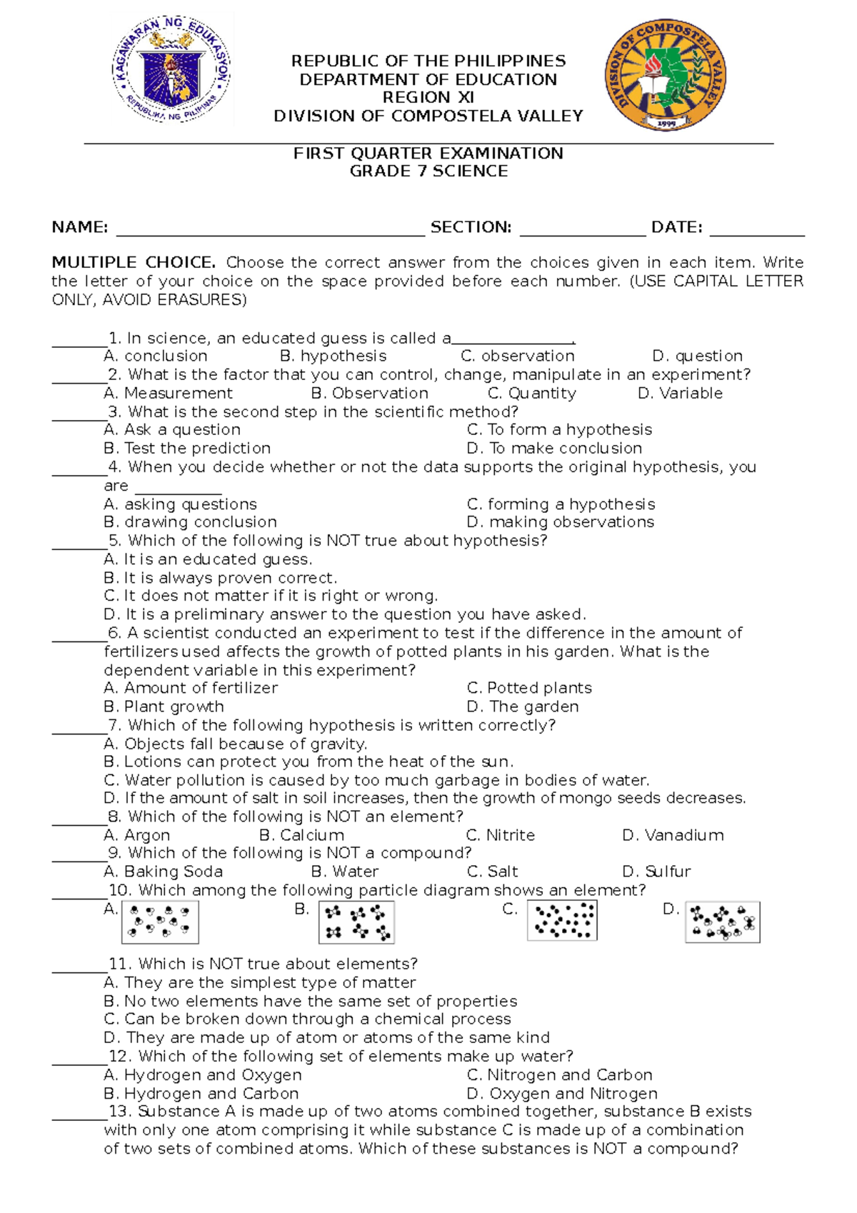 Q1EXAM Grade 7 - for examination - REPUBLIC OF THE PHILIPPINES DEPARTMENT OF EDUCATION REGION XI ...