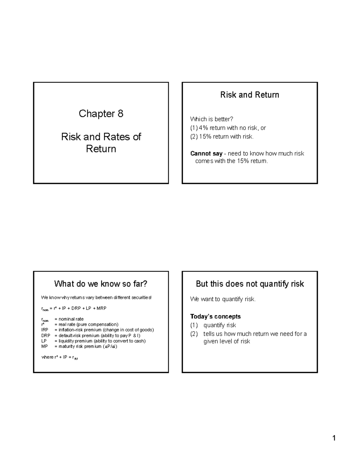 Lecture notes, lecture 8 - Chapter 8 Risk and Rates of Return Risk and ...