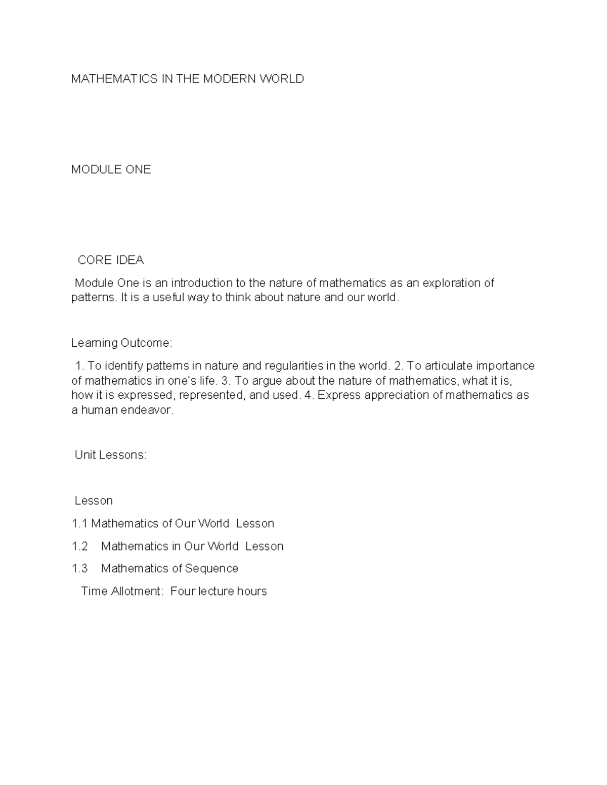 Module 1 - MATHEMATICS IN THE MODERN WORLD MODULE ONE CORE IDEA Module ...