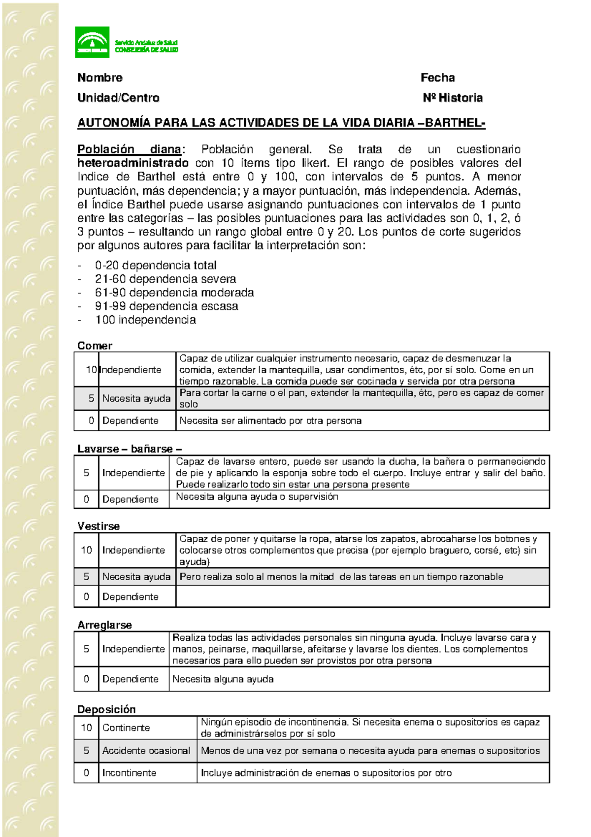 AVDB índice de barthel - N N o o m m b b r r e e F F e e c c h h a a ...