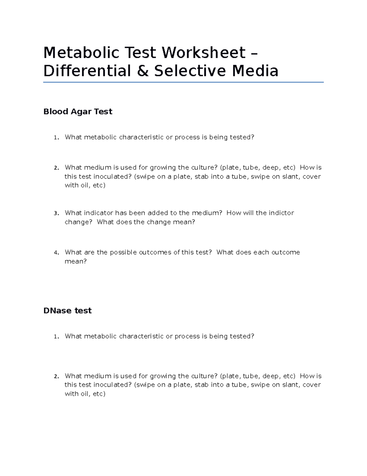 Metabolic Test Worksheet - Differential and Selective Media Sp 21 ...