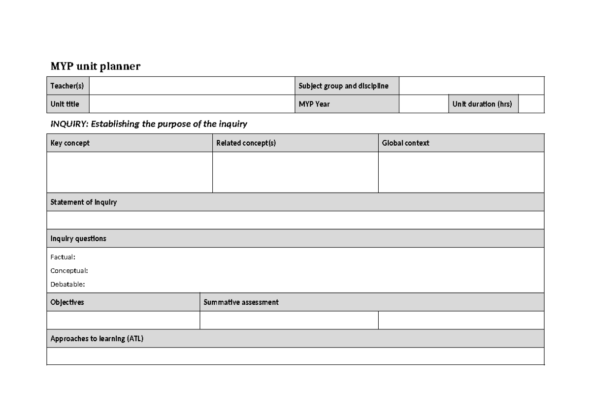 Blank Unit Planner template word - math - MYP unit planner Teacher(s ...