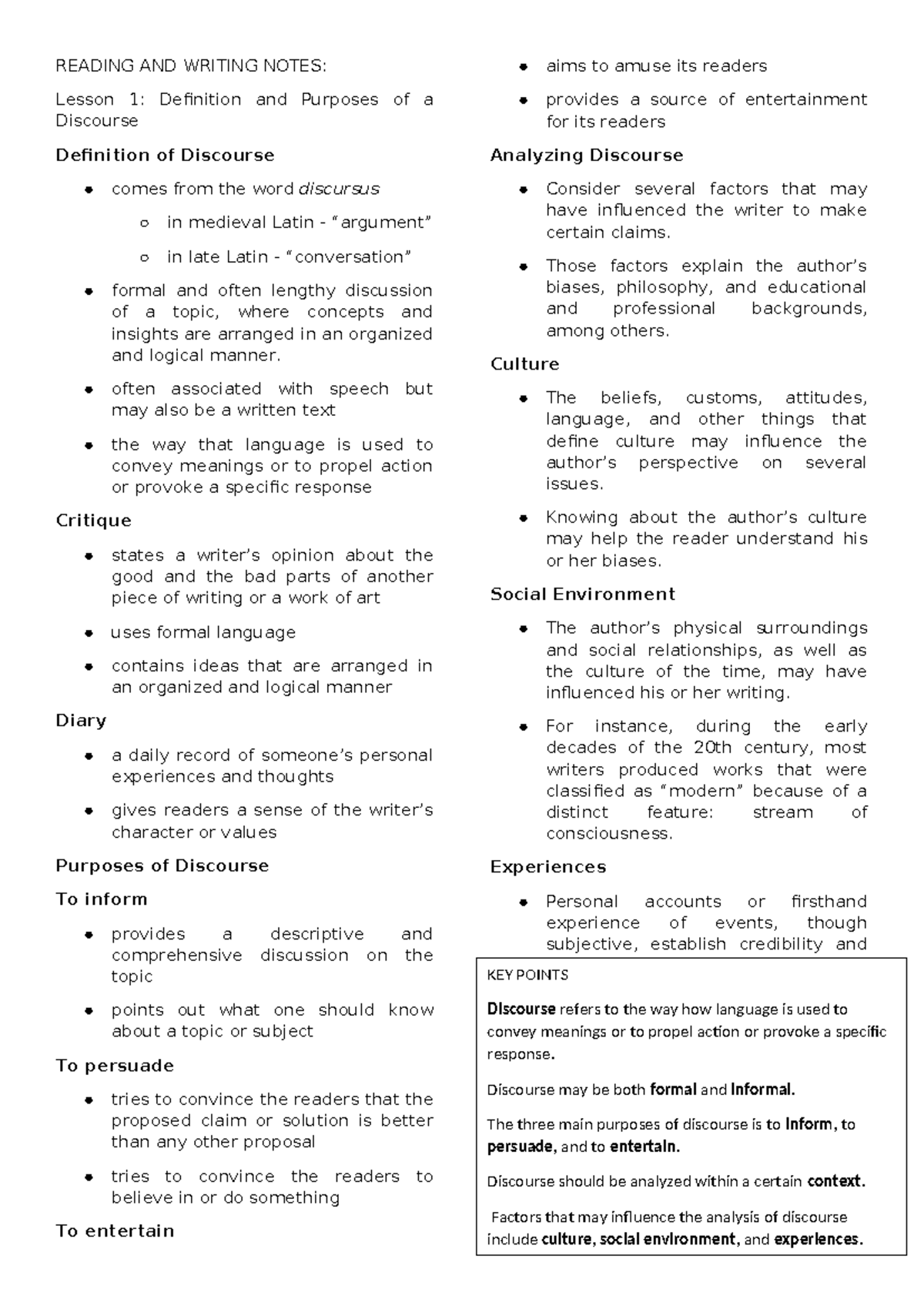 Reading AND Writing Notes 1 - READING AND WRITING NOTES: Lesson 1 ...