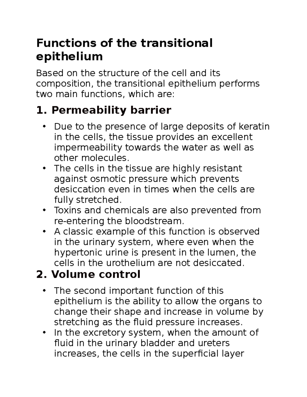 Bio 47 - Notes - Functions of the transitional epithelium Based on the ...