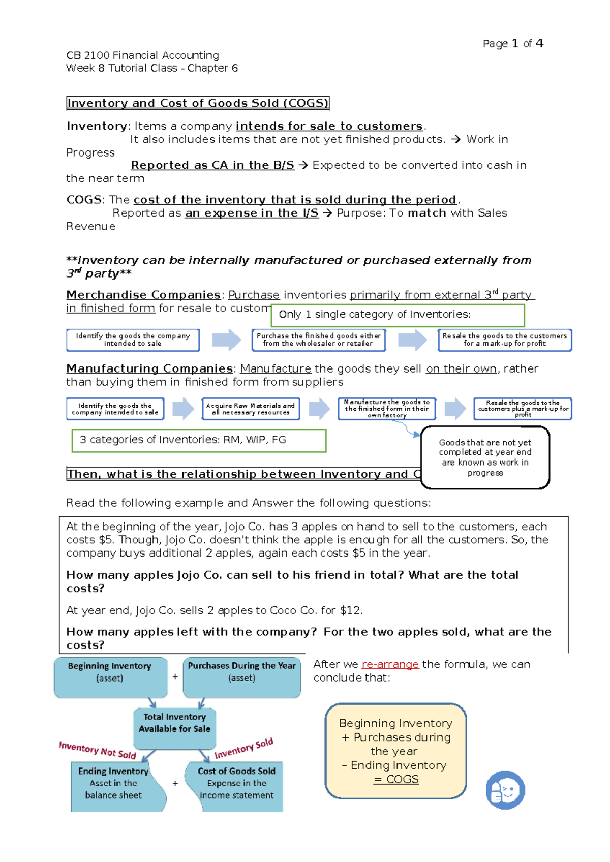 Week 8 Inventory and Cost of Goods Sold (COGS) - Beginning Inventory ...