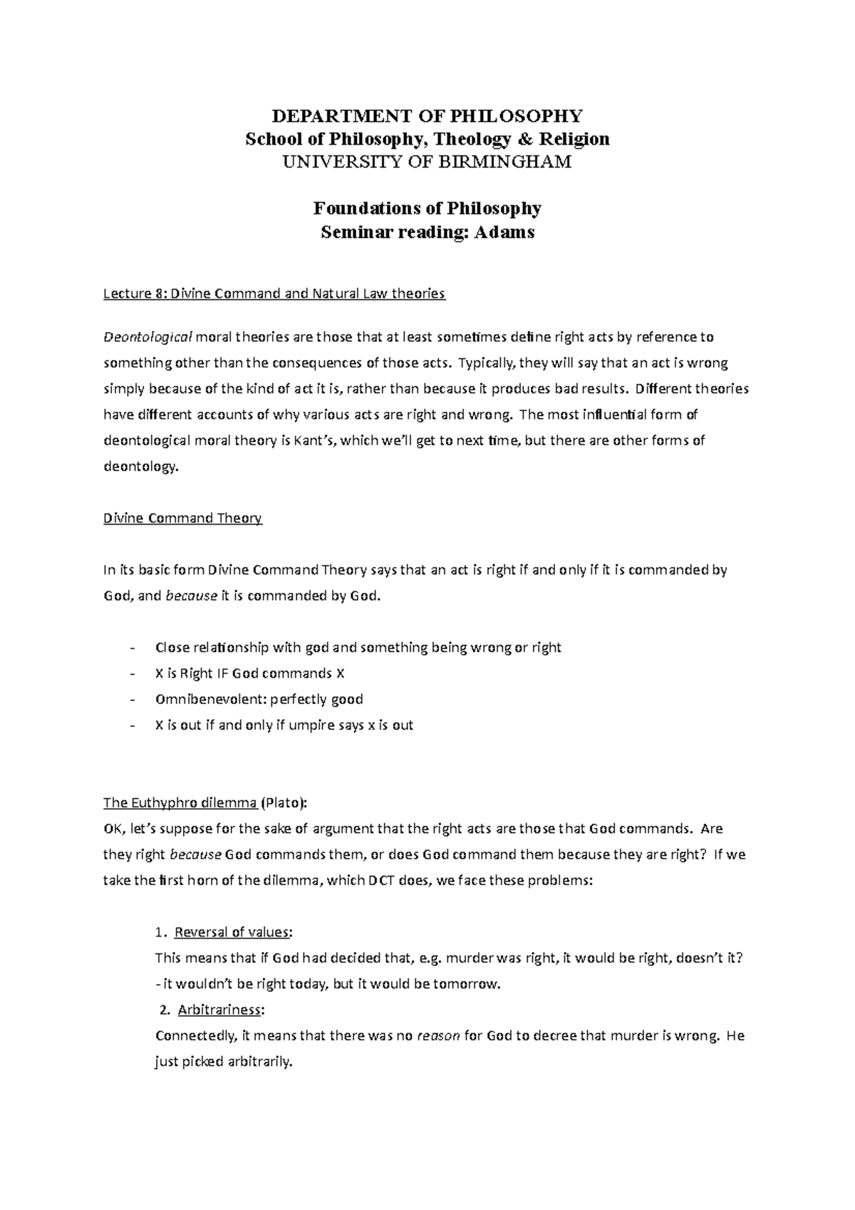 Foundations lecture 8 Divine Command and Natural Law theories ...