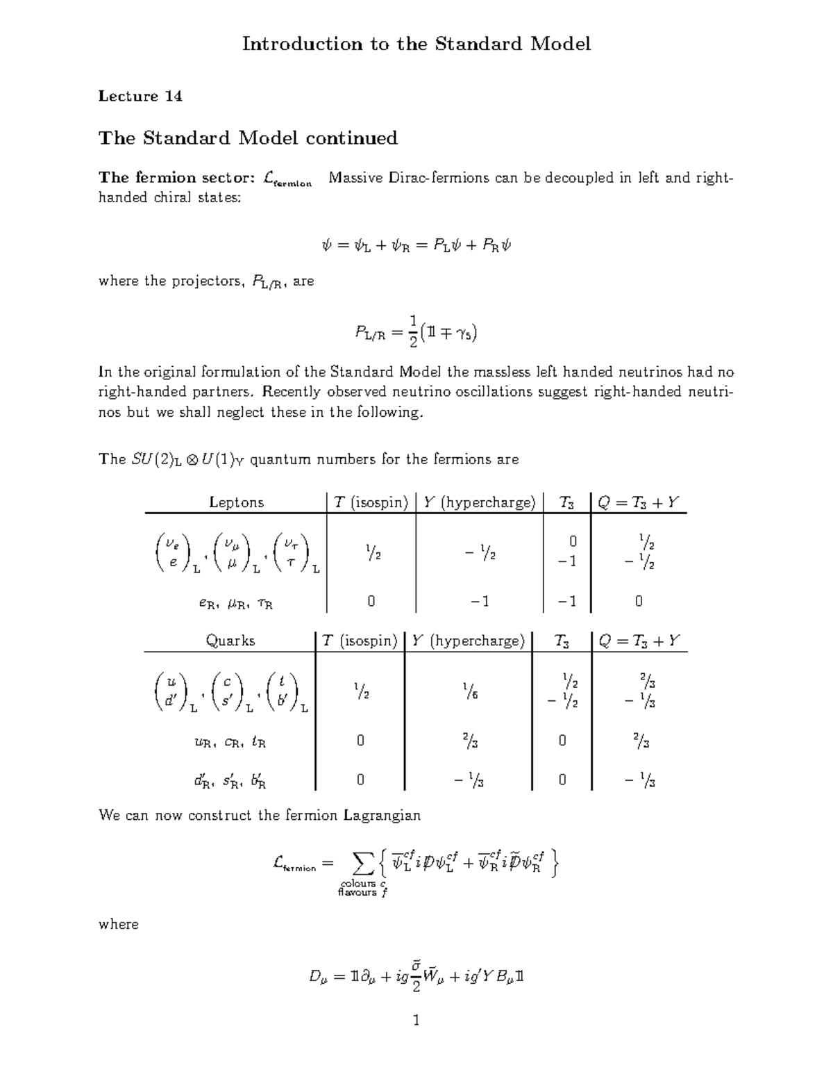 Lecture Notes 14 - Introduction to the Standard Model Lecture 14 The ...
