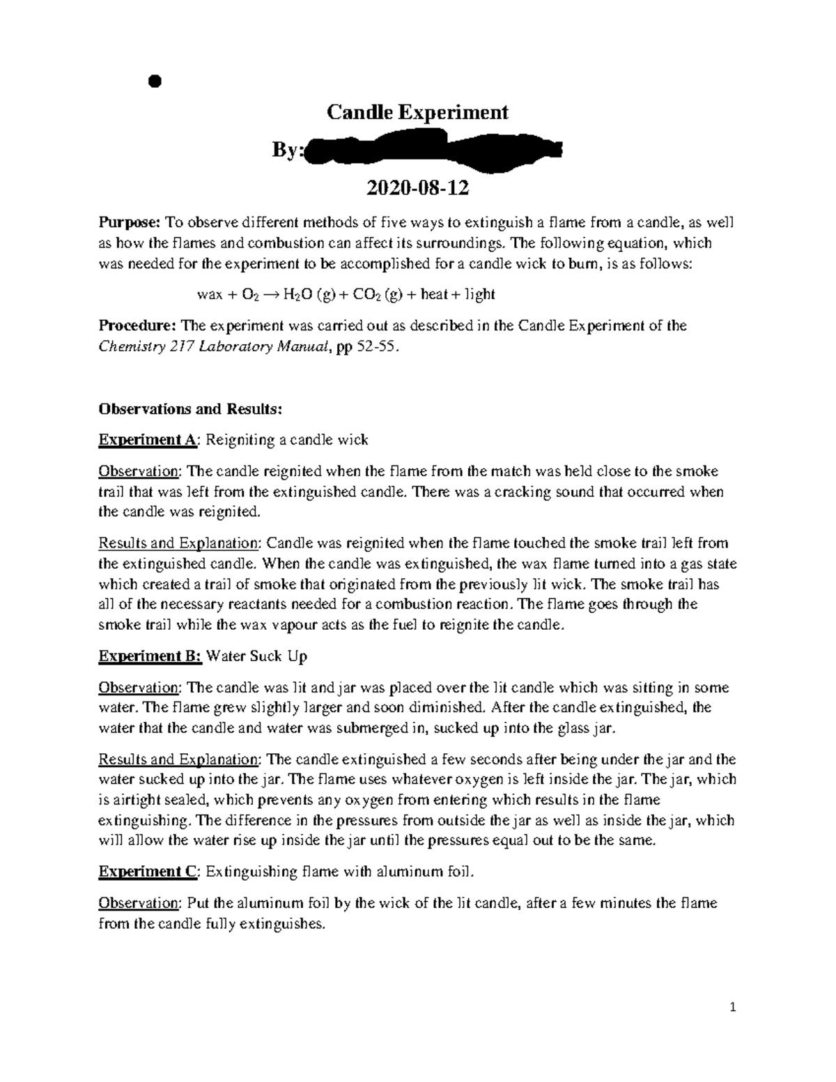 Chem 217 - Candle Experiment - Candle Experiment By: Amanda Strong ...