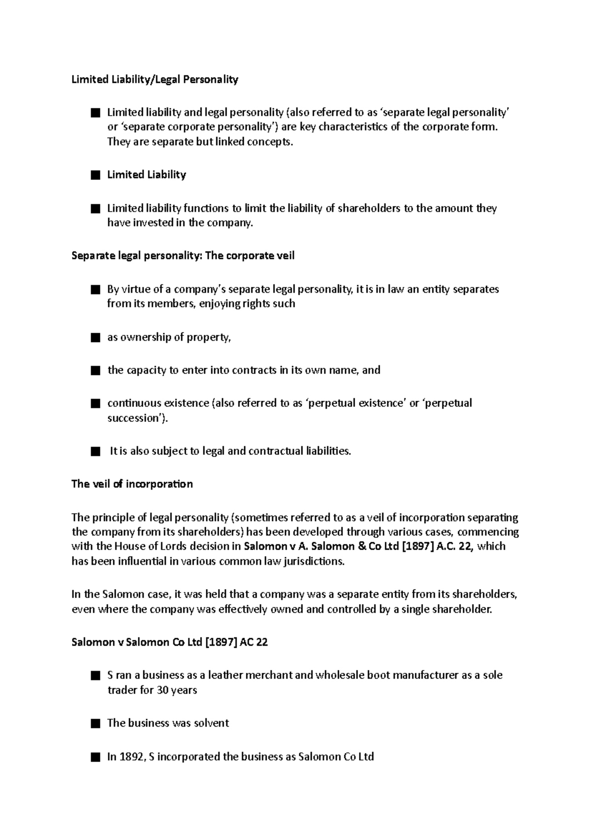 Limited Liability - Company Law - Limited Liability/Legal Personality ...