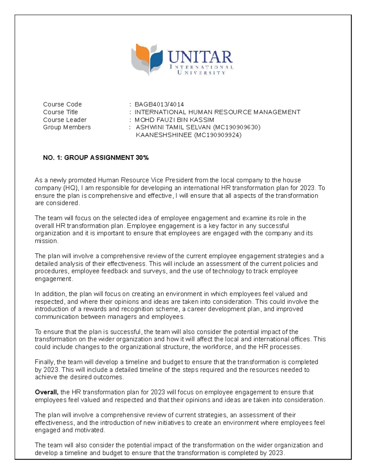 Assignment - IHR - Course Code : BAGB4013/ Course Title : INTERNATIONAL ...