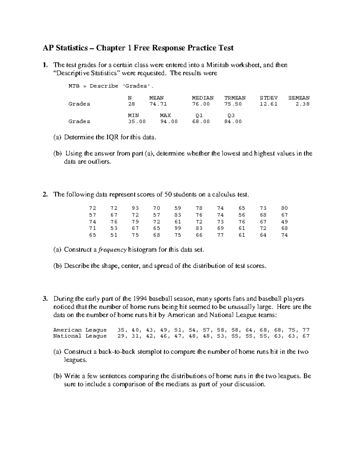 Chap01 practice FR - ethehsdndnd - AP Statistics – Chapter 1 Free ...
