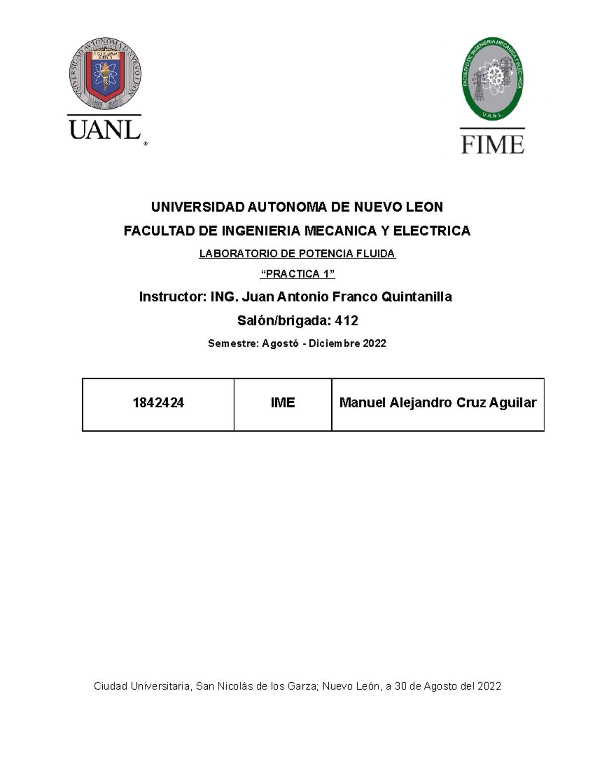 Practica 1 LAB DE Potencia Fluida - UNIVERSIDAD AUTONOMA DE NUEVO LEON FACULTAD DE INGENIERIA ...