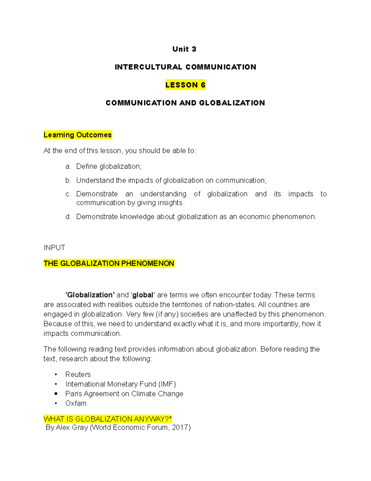 PC Lesson 6 Communication and Globalization - Unit 3 INTERCULTURAL ...