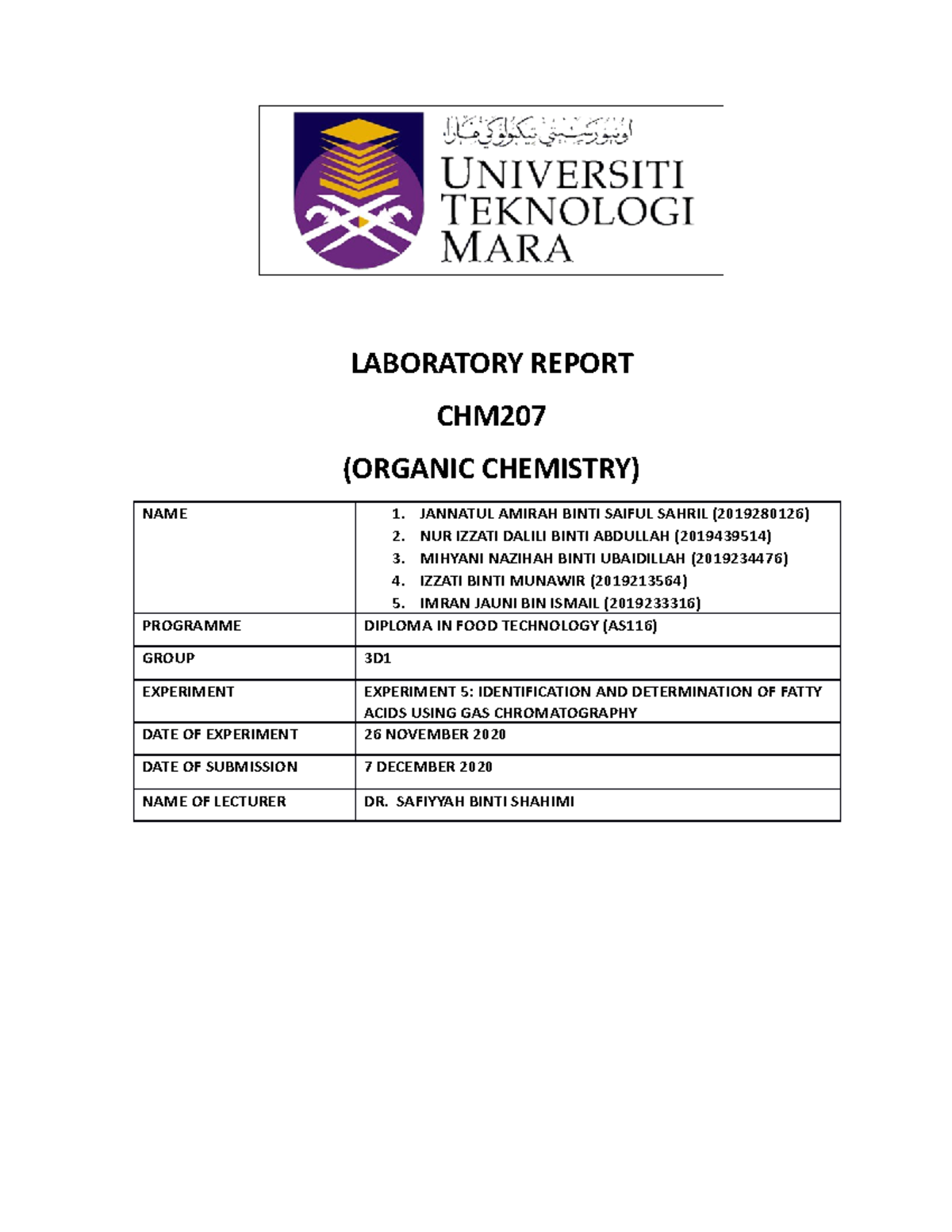LAB 5 Identification AND Determination OF Fatty Acids Using GAS ...