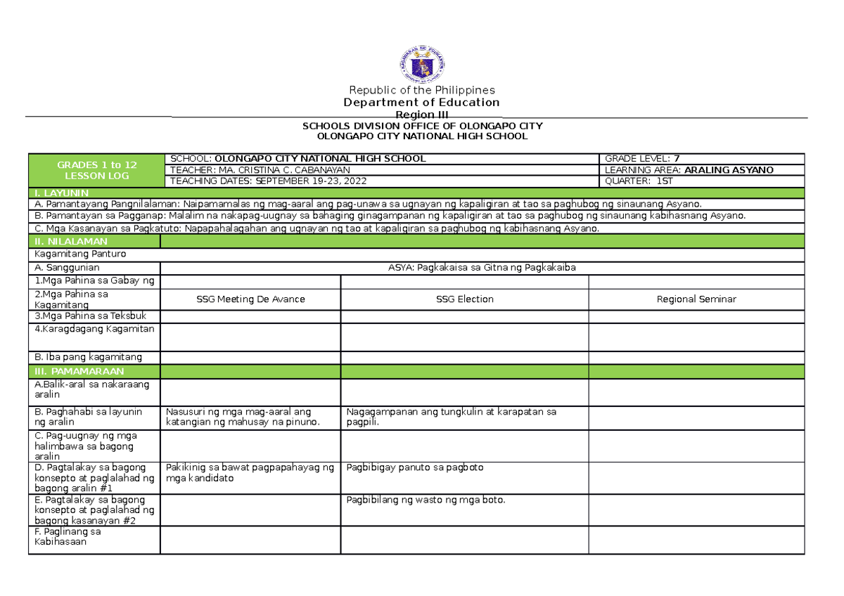 Grade-7-DLL-Sept 19-23 - 7 Republic of the Philippines Department of ...