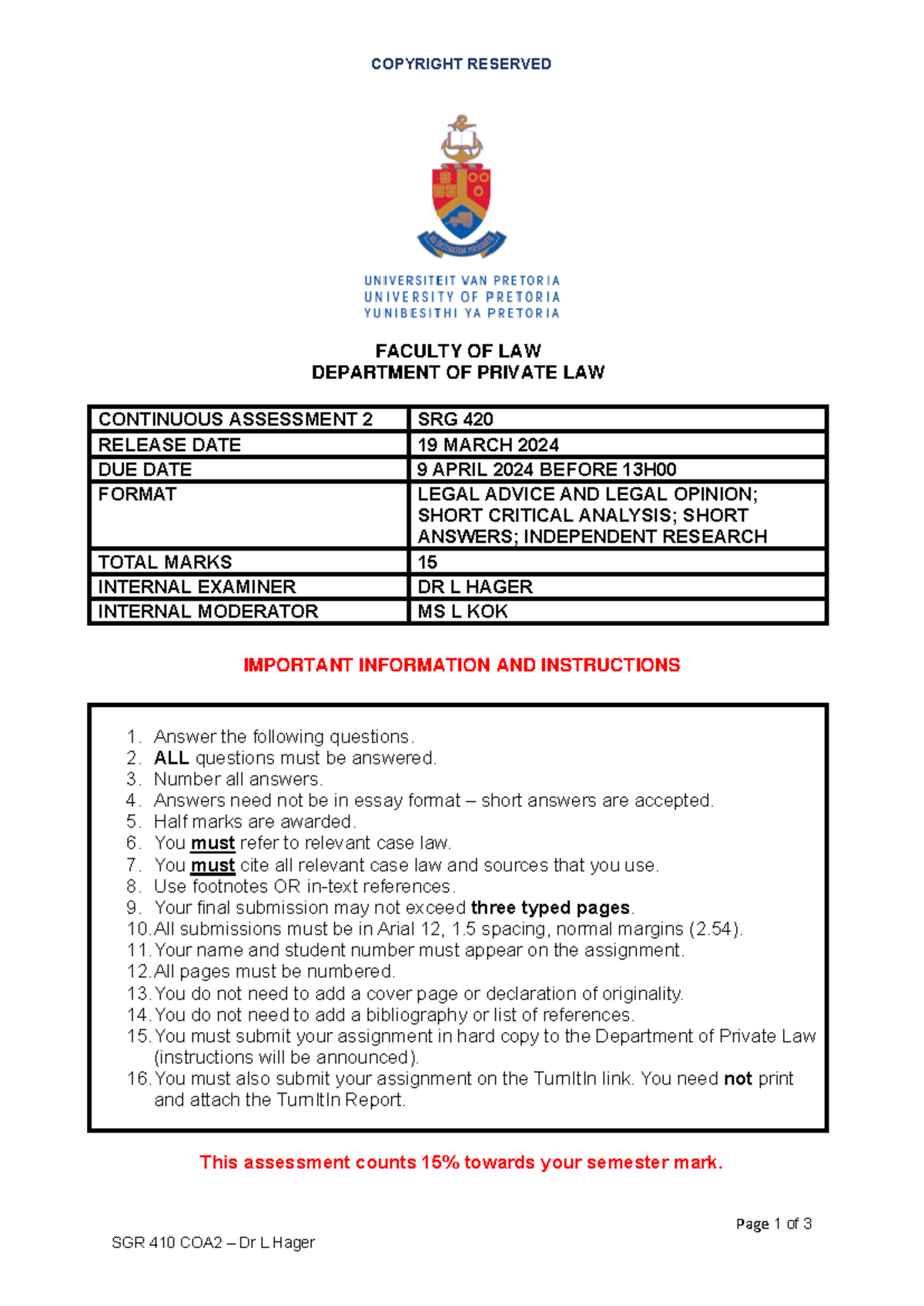 COA2 - COPYRIGHT RESERVED Page 1 of 3 SGR 410 COA 2 – Dr L Hager ...
