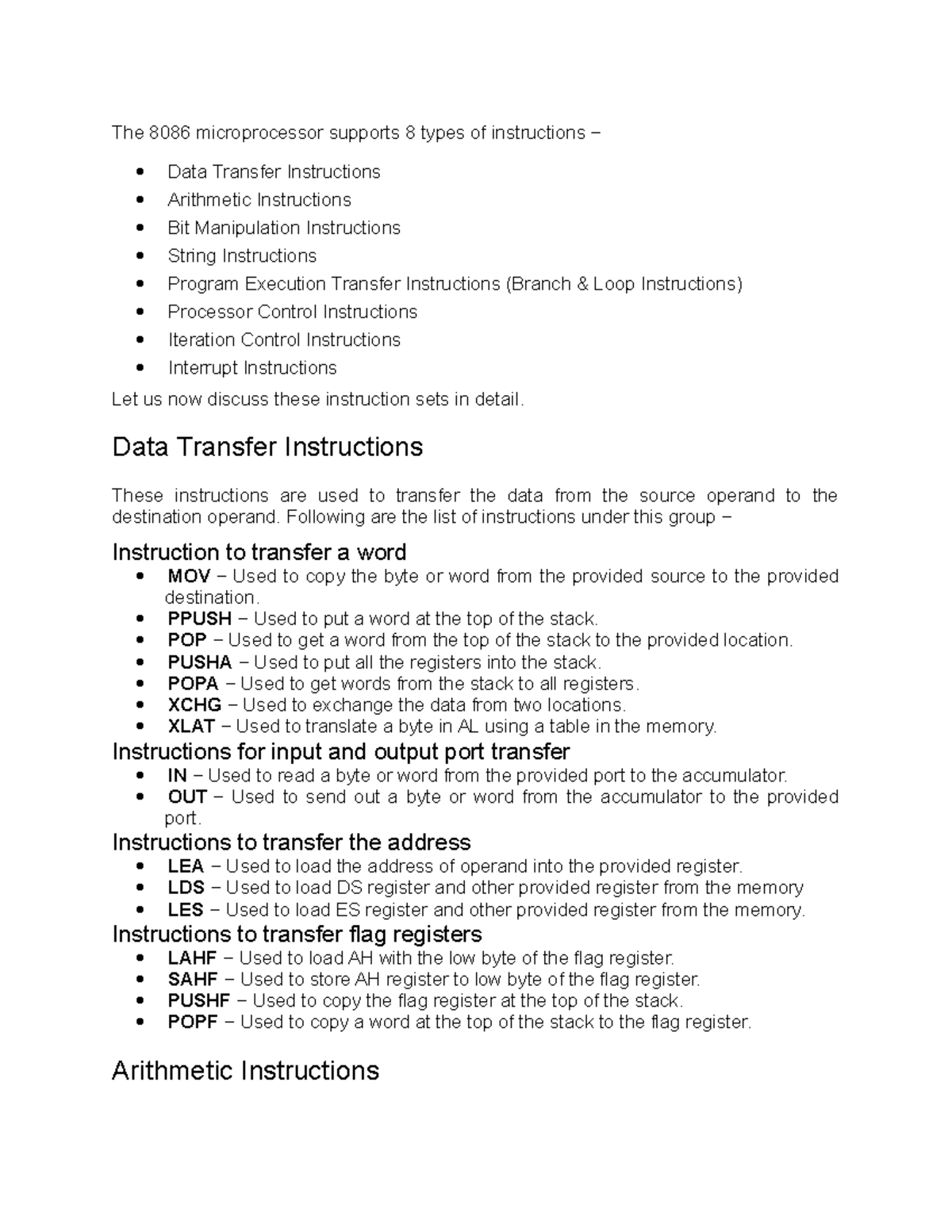 The 8086 microprocessor supports 8 types of instructions - Data Transfer Instructions These ...