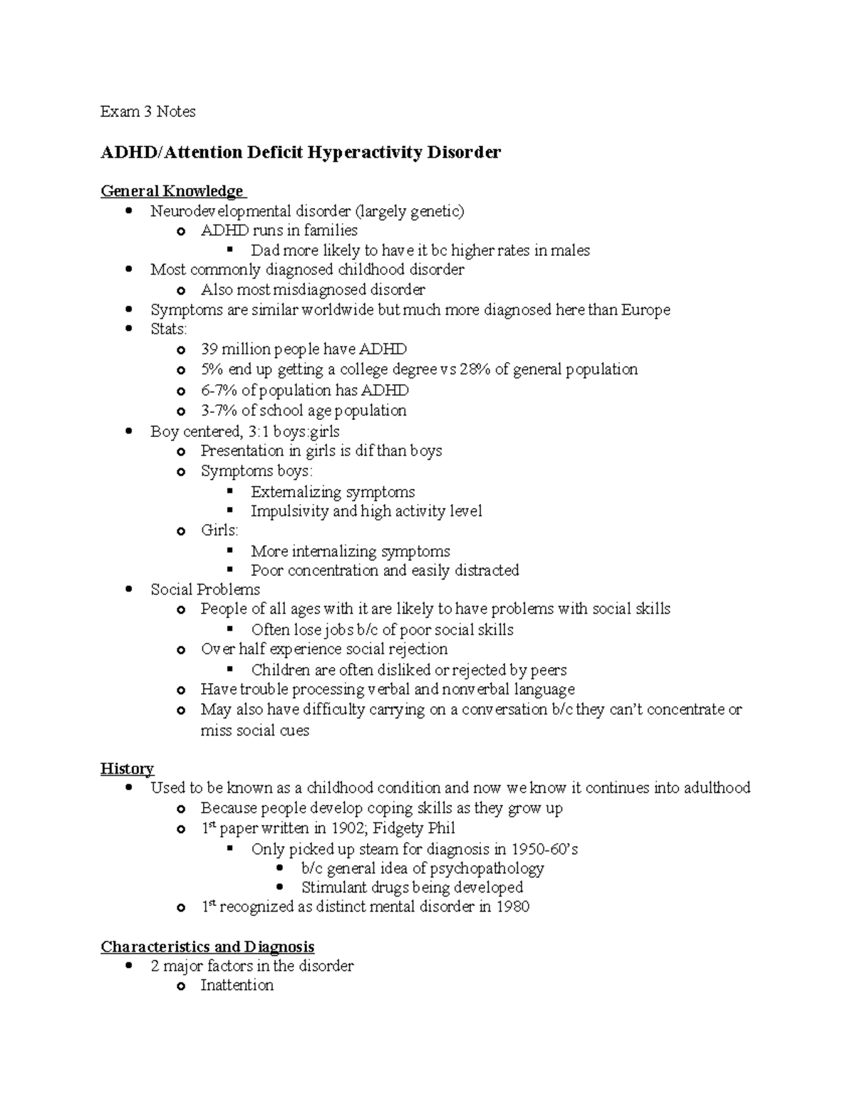 Exam 3 Notes Psyc 4176 - Exam 3 Notes Deficit Hyperactivity Disorder ...