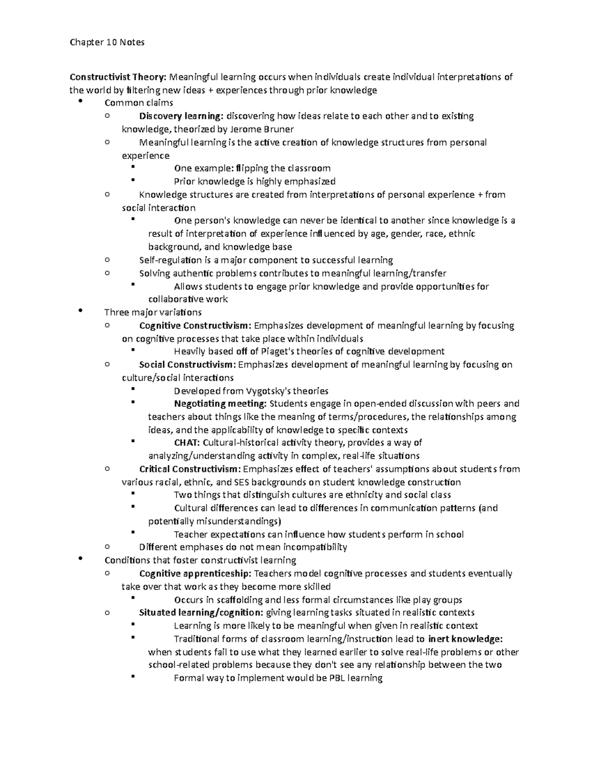 Chapter 10 Notes - Covers the basic principles of constructivist ...