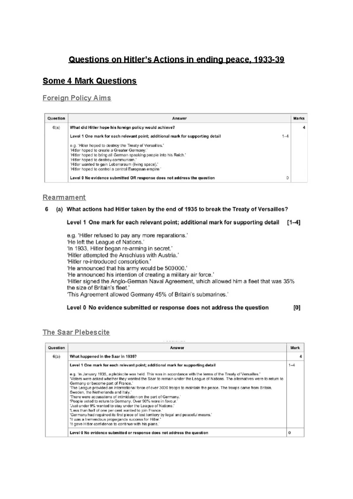 Paper 1 Questions on Hitler's Actions Collapse of Peace - Questions on ...