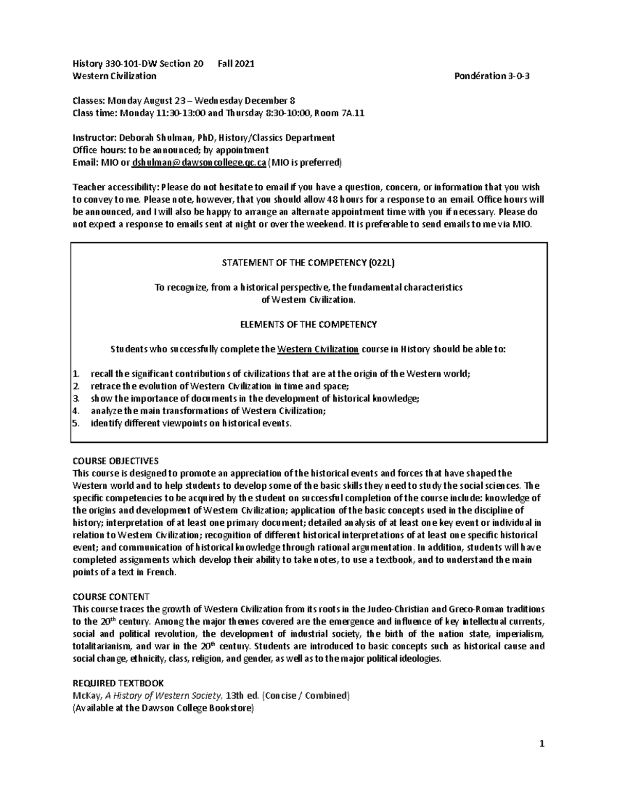 Western Civilization Course Outline - History 330-101-DW Section 20 ...