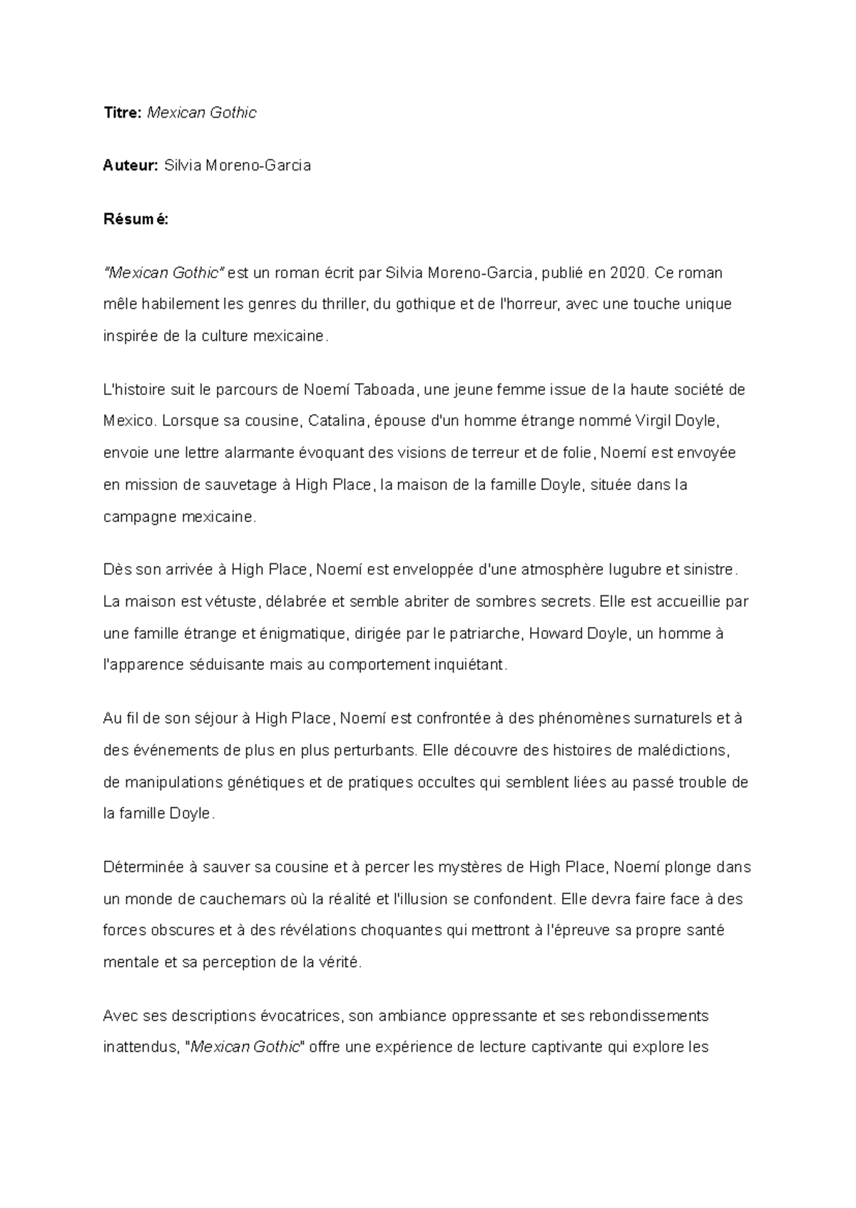 Résumé "Mexican Gothic" de Silvia Moreno-Garcia - Titre: Mexican Gothic ...