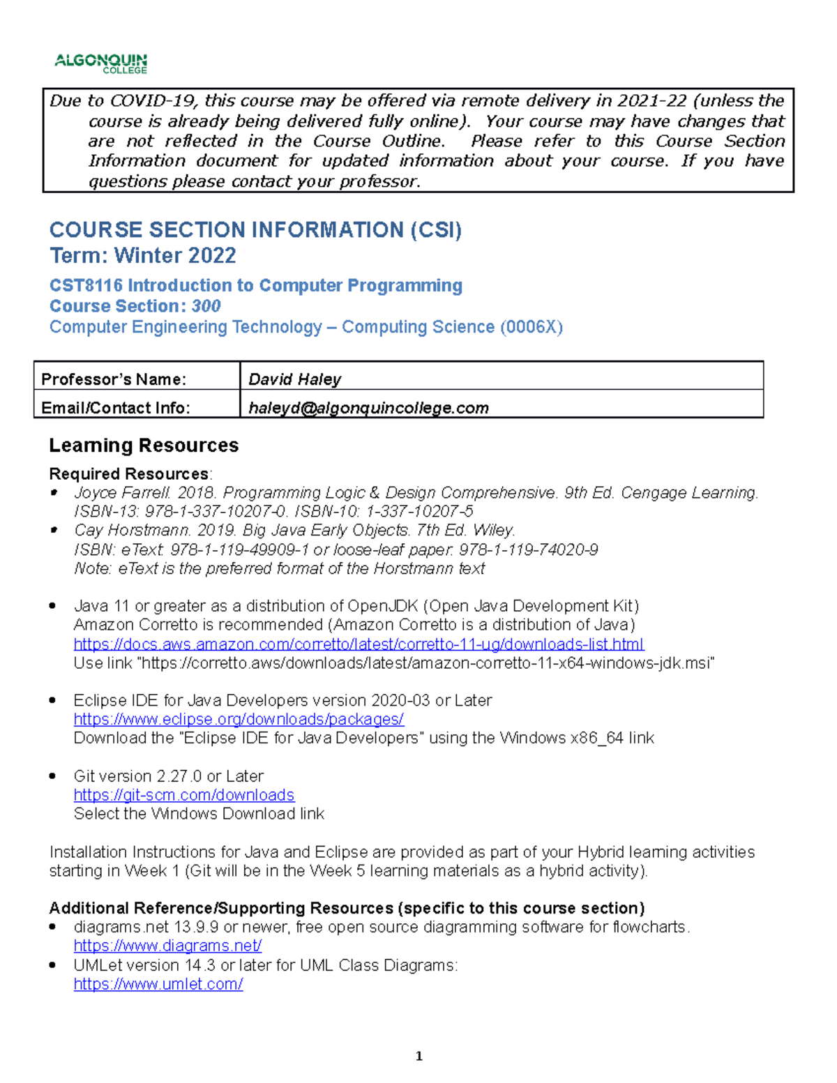 CST8116 Course Section Information (CSI) 21W CST8116 - Due to COVID-19, this course may be ...
