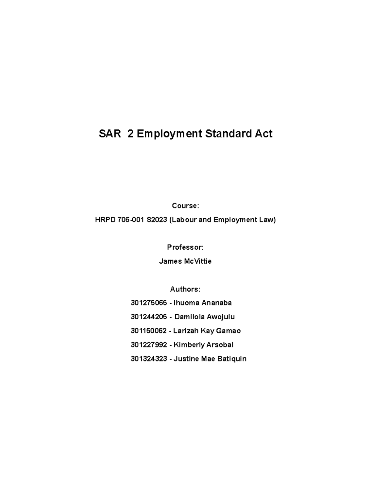 HRPD 706-001 SAR 2 Employment Standards Act - SAR 2 Employment Standard ...