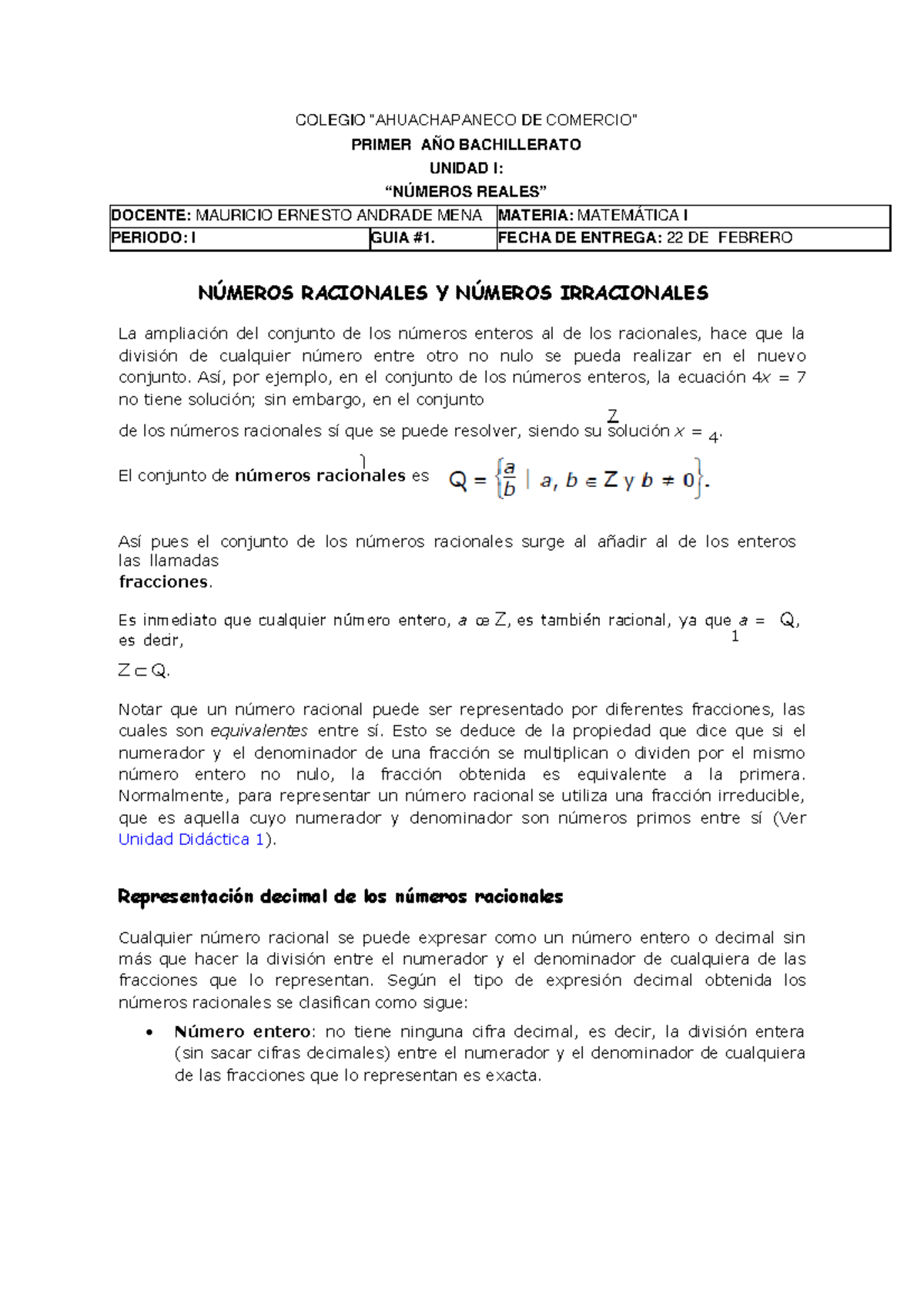 GUIA #1 Matemática Numeros Racionales E Irracionales - 1 COLEGIO ...