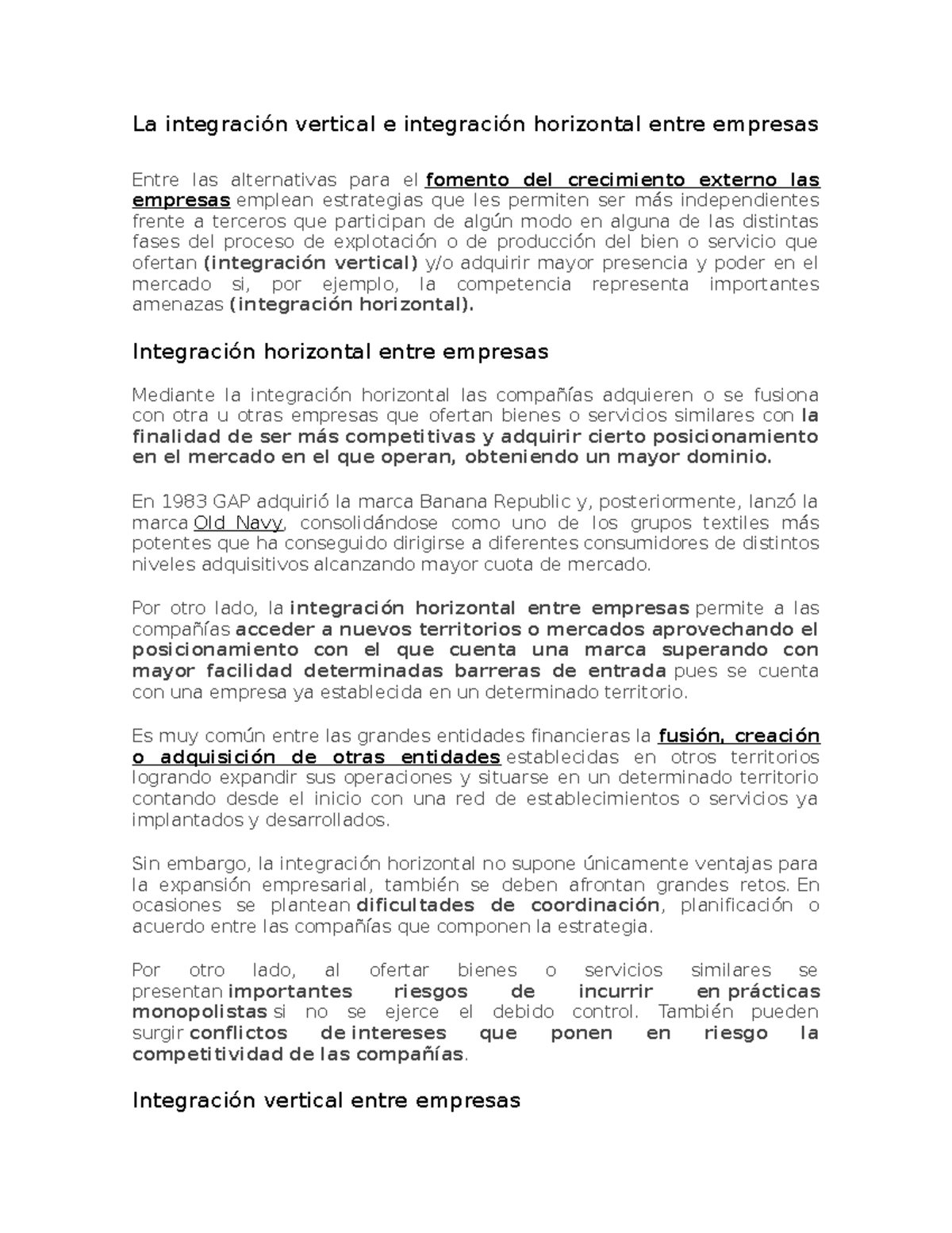 La integración vertical e integración horizontal entre empresas - La ...