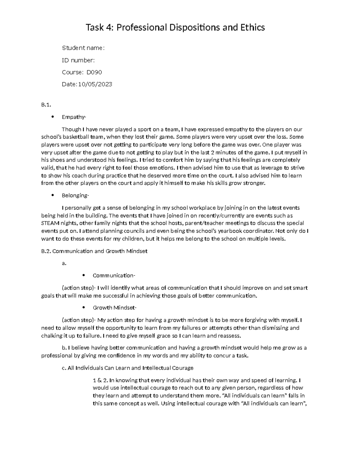 D090 Task 4-Professional Dispositions and Ethics - Task 4: Professional ...