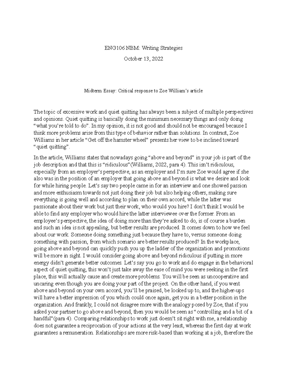 Midterm Essay - ENG106 NBM: Writing Strategies October 13, 2022 Midterm ...