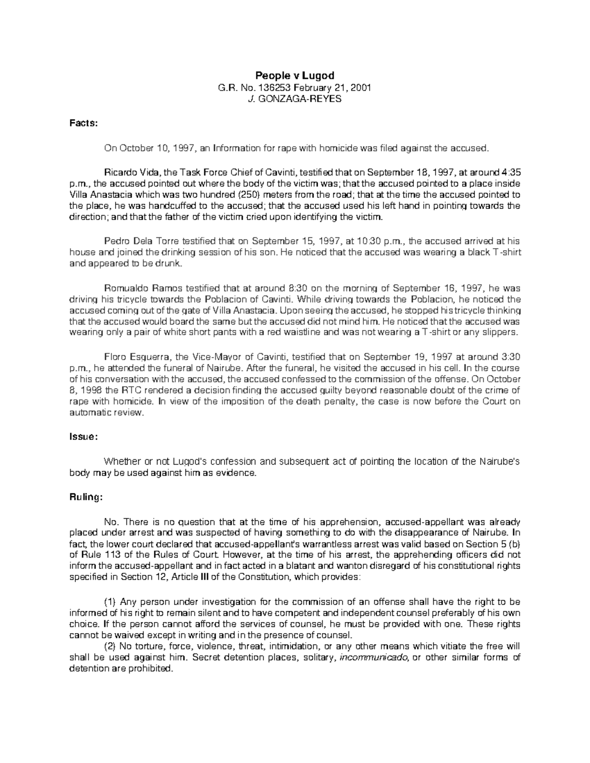 11. People v Lugod - Case Digest - People v Lugod G. No. 136253 ...