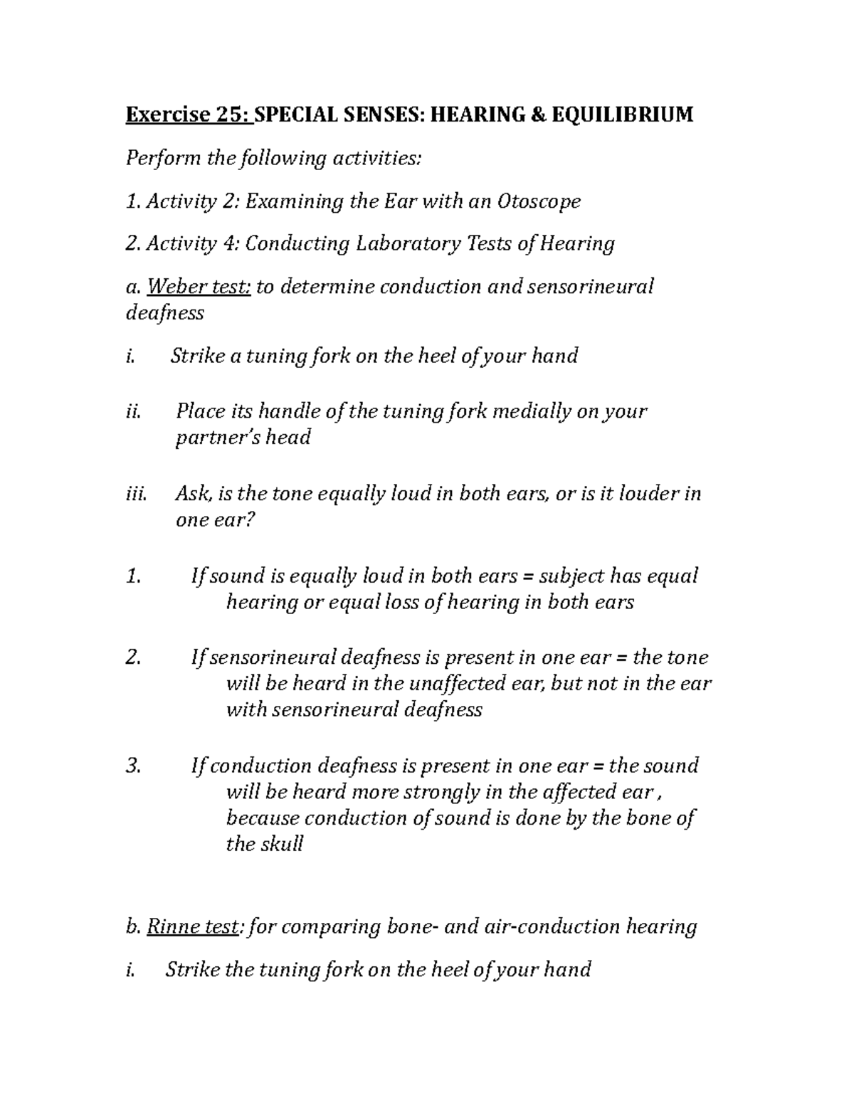 Lab Objectives -Hearing and Equilibrium Tests - Exercise 25: SPECIAL ...