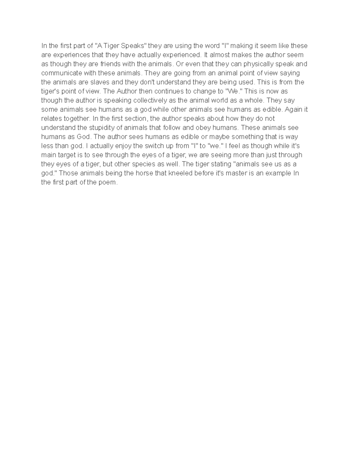 A tiger speaks - Reflection - In the first part of "A Tiger Speaks ...