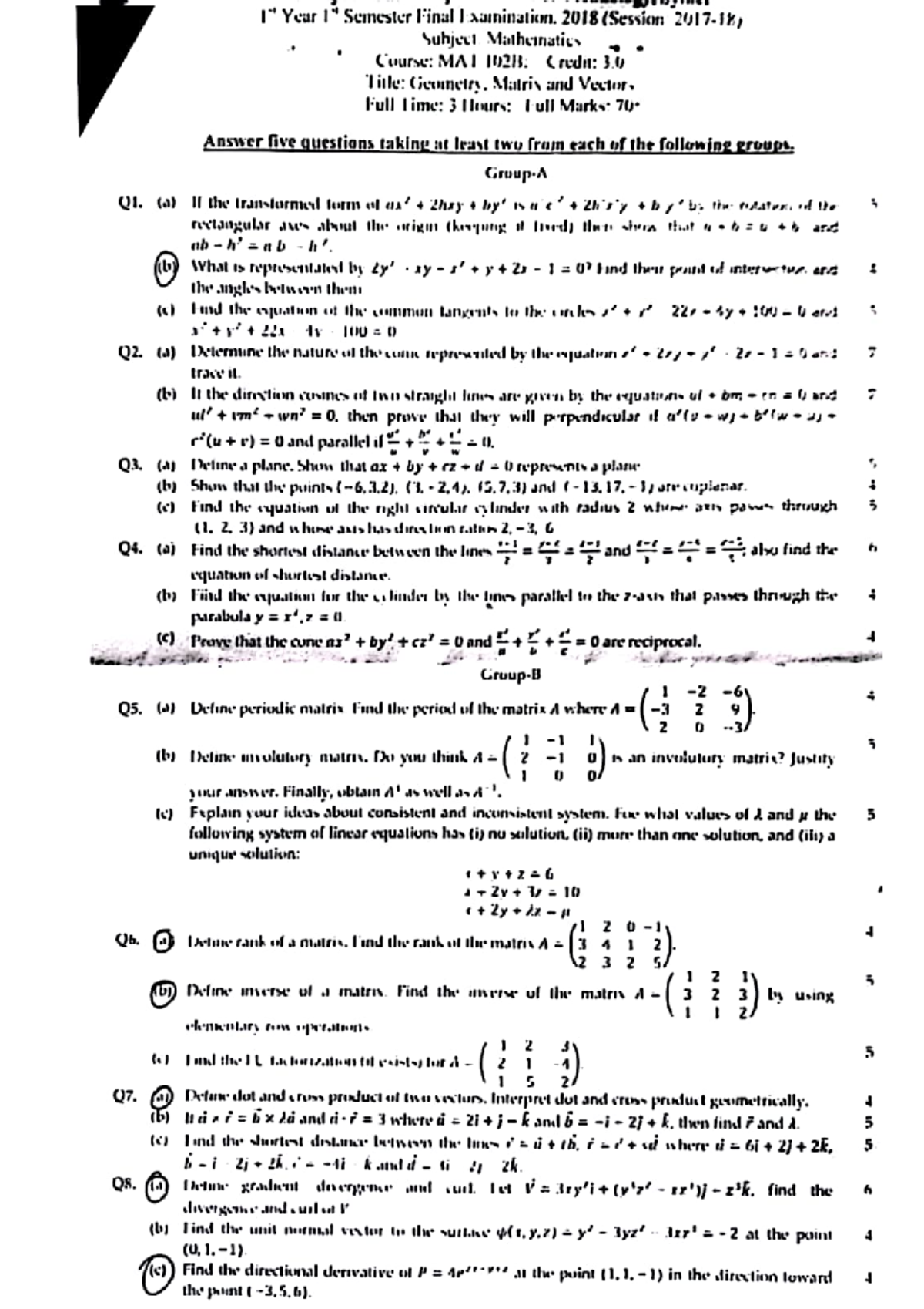 Math Question Bank - Year Semester Final Examination. 2018 (Session ...